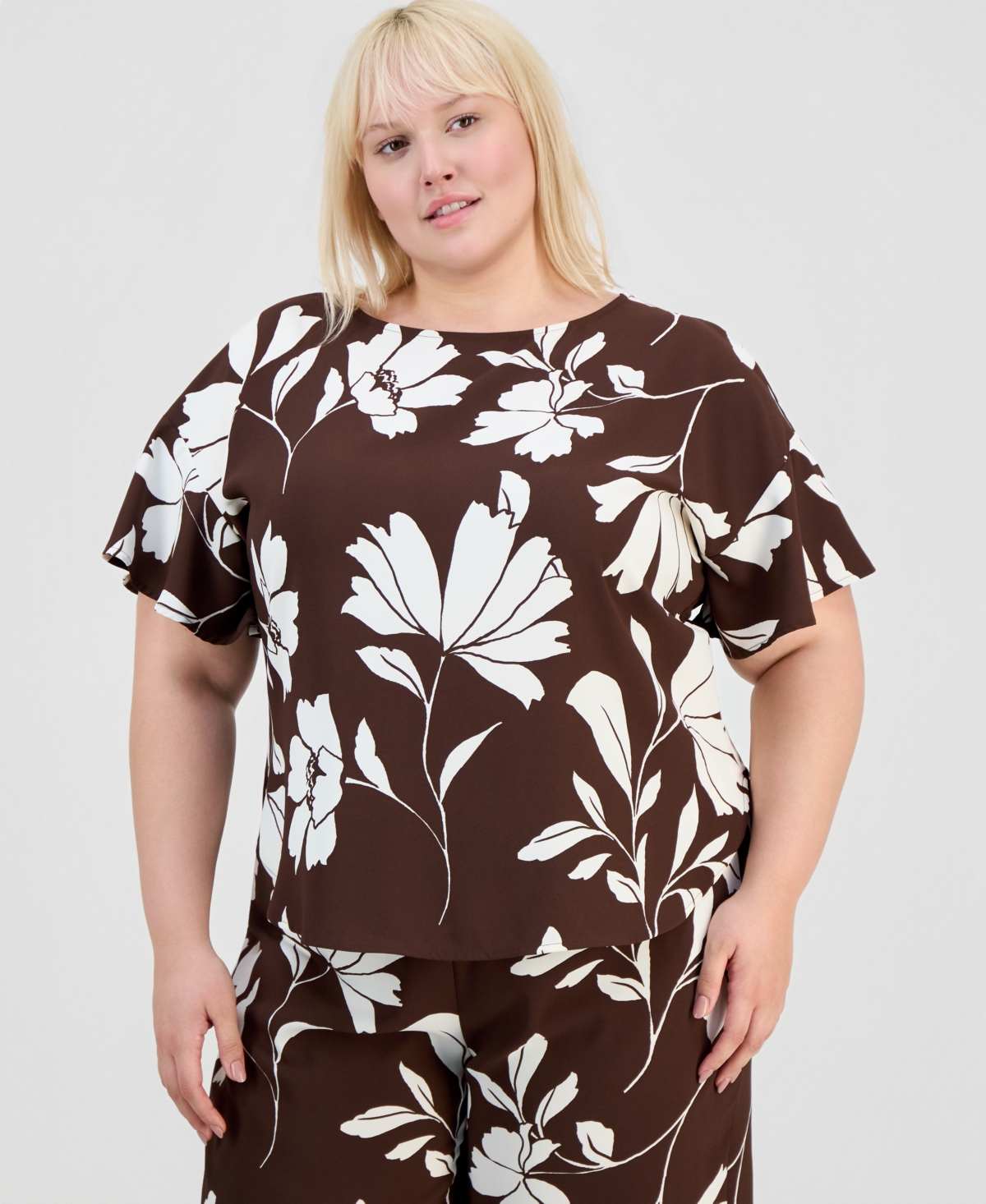 Click here for Anne Klein Plus Size Printed Flutter-Sleeve Top -... prices