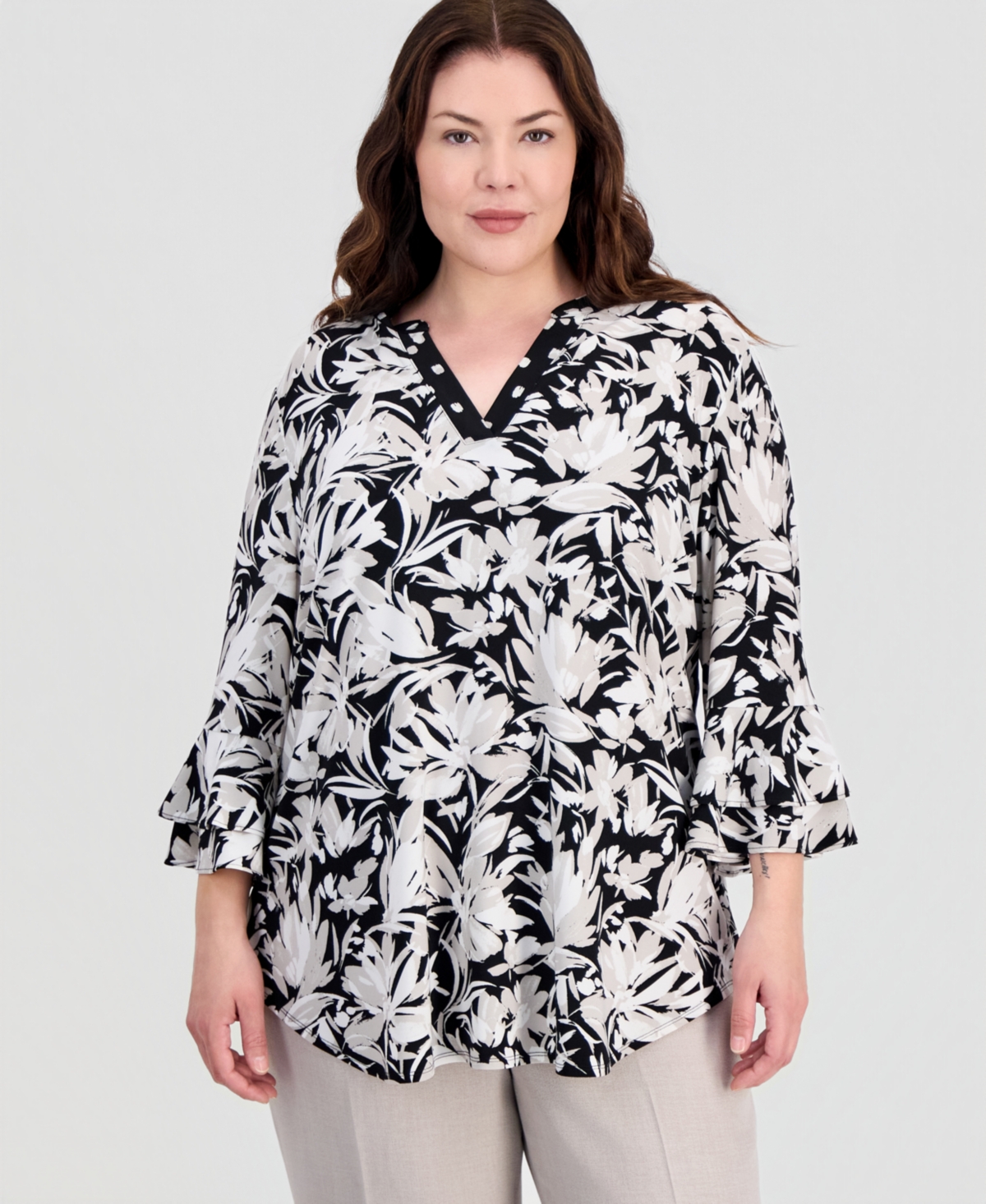 Click here for Kasper Plus Size Split-Neck Ruffled-Cuff Top - Sum... prices