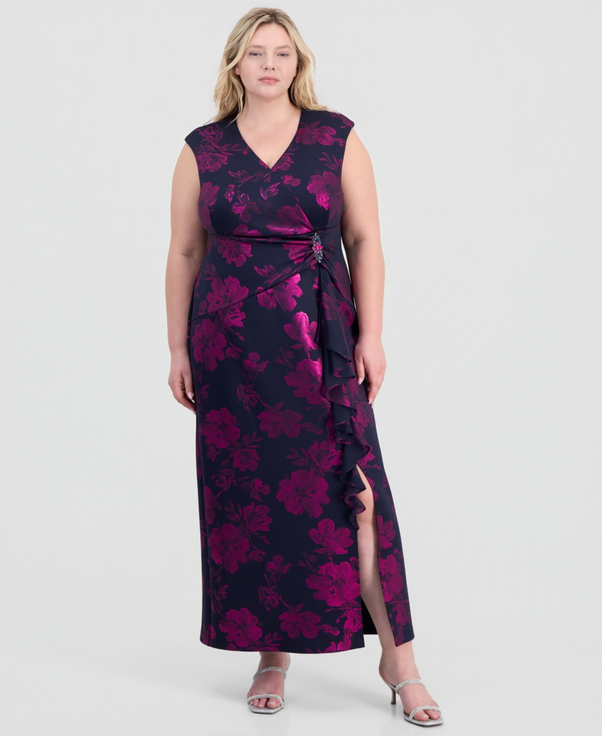 Click here for Connected Plus Size Ruffled Brooch-Embellished Dre... prices