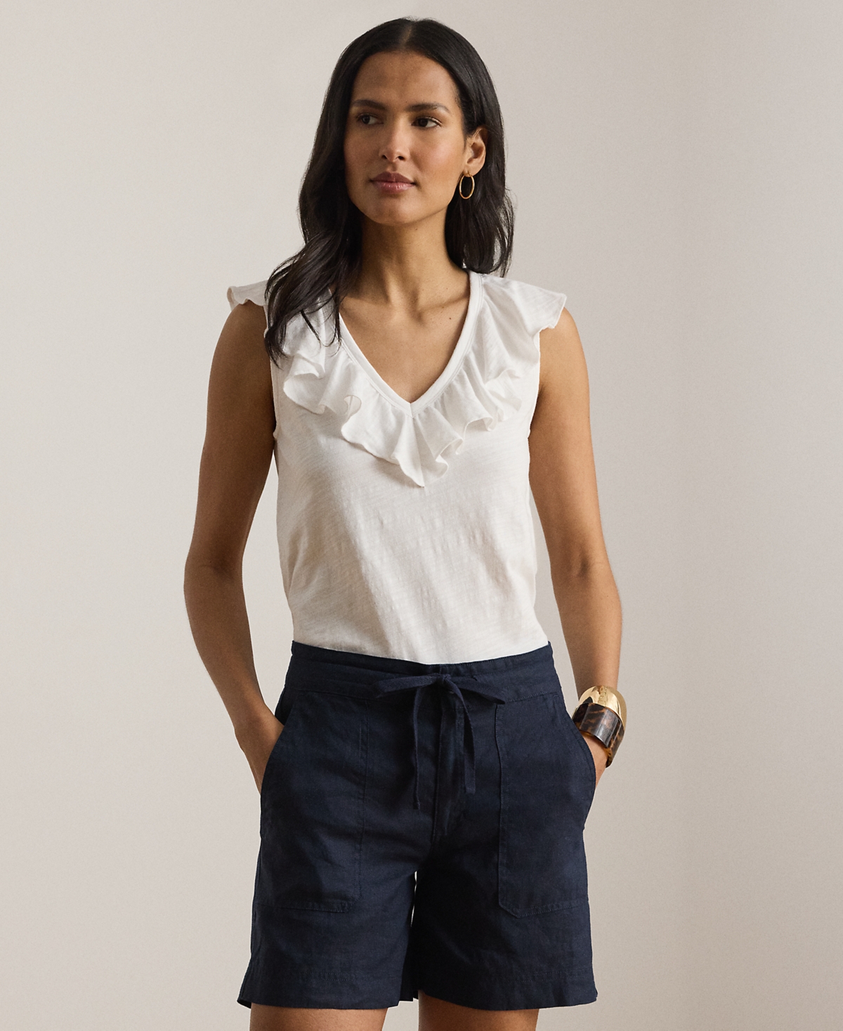 Click here for Lauren Ralph Lauren Petite Ruffle-Trim V-Neck Slee... prices