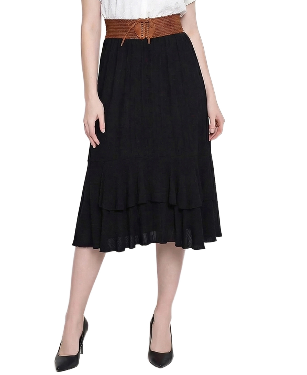 Click here for Ny Collection Womens Tiered Belted Skirt - Black prices