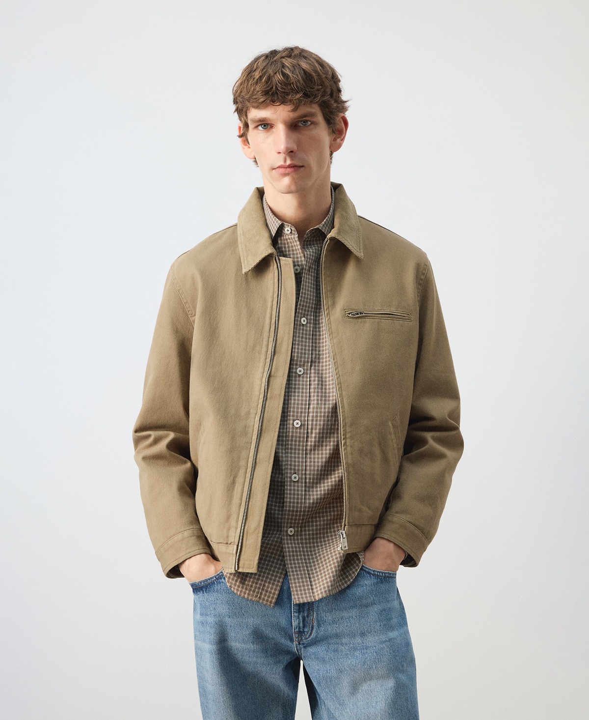 Click here for Mango Mens Corduroy Collar Denim Jacket - Beige prices