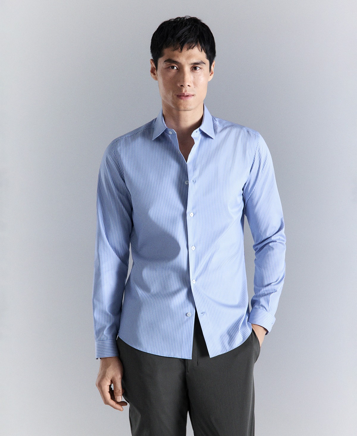 Click here for Mango Mens Slim Fit Non-Iron Striped Shirt - Sky B... prices