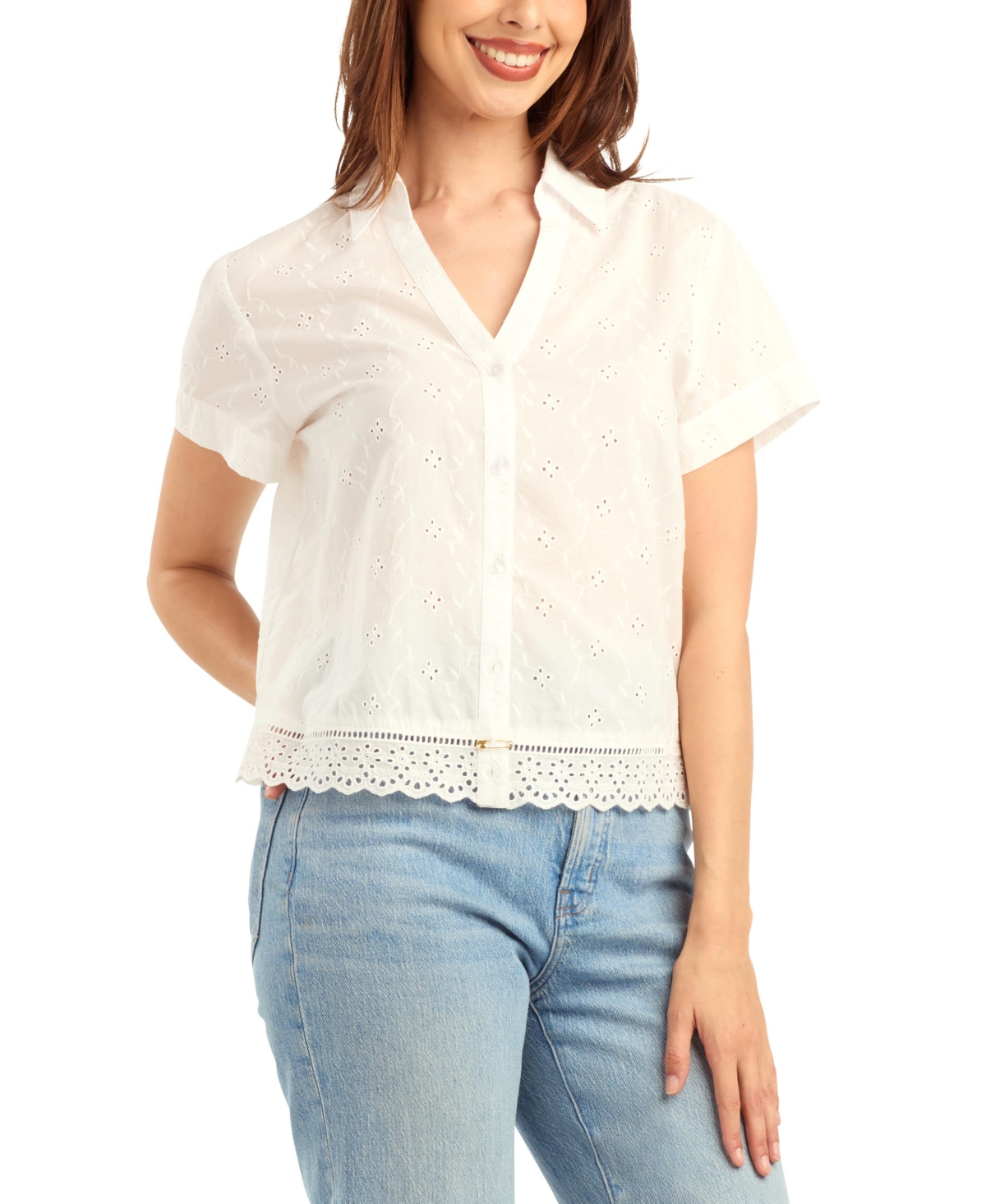 Click here for Bcx Womens Mini Floral Eyelet Collared Top - Off W... prices