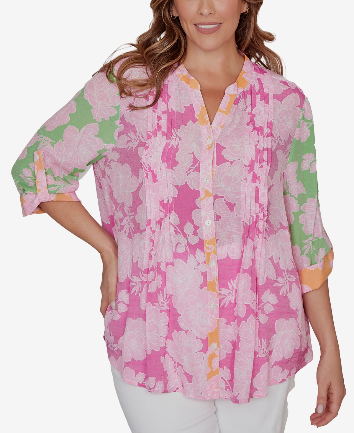 Click here for Ruby Rd. Plus Size Color Block Floral Pintuck Gauz... prices