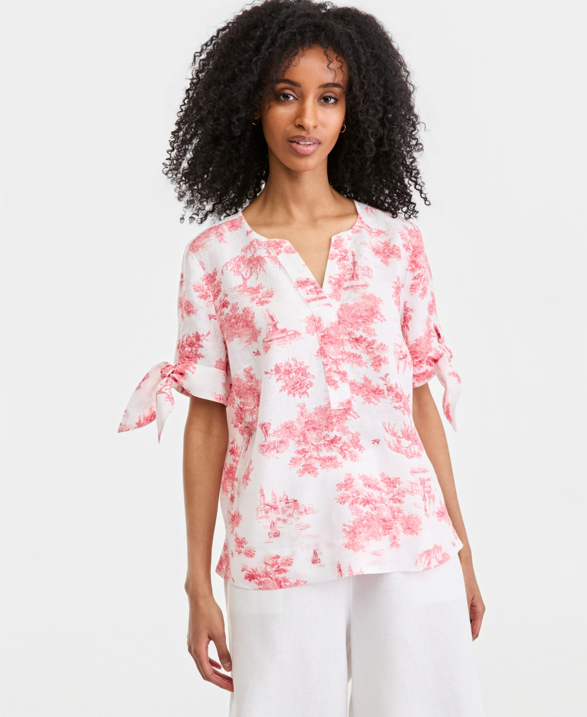 Click here for Charter Club Womens 100 Linen Split-Neck Tie-Cuff... prices