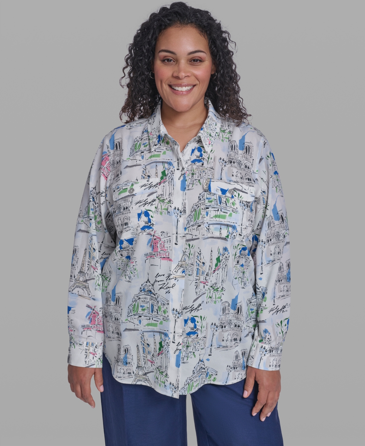 Click here for Karl Lagerfeld Paris Plus Size Printed Collared Bl... prices