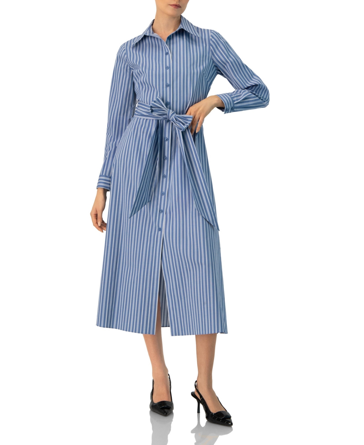 Click here for Ivonne Womens Striped Midi Collared Dress with Wai... prices