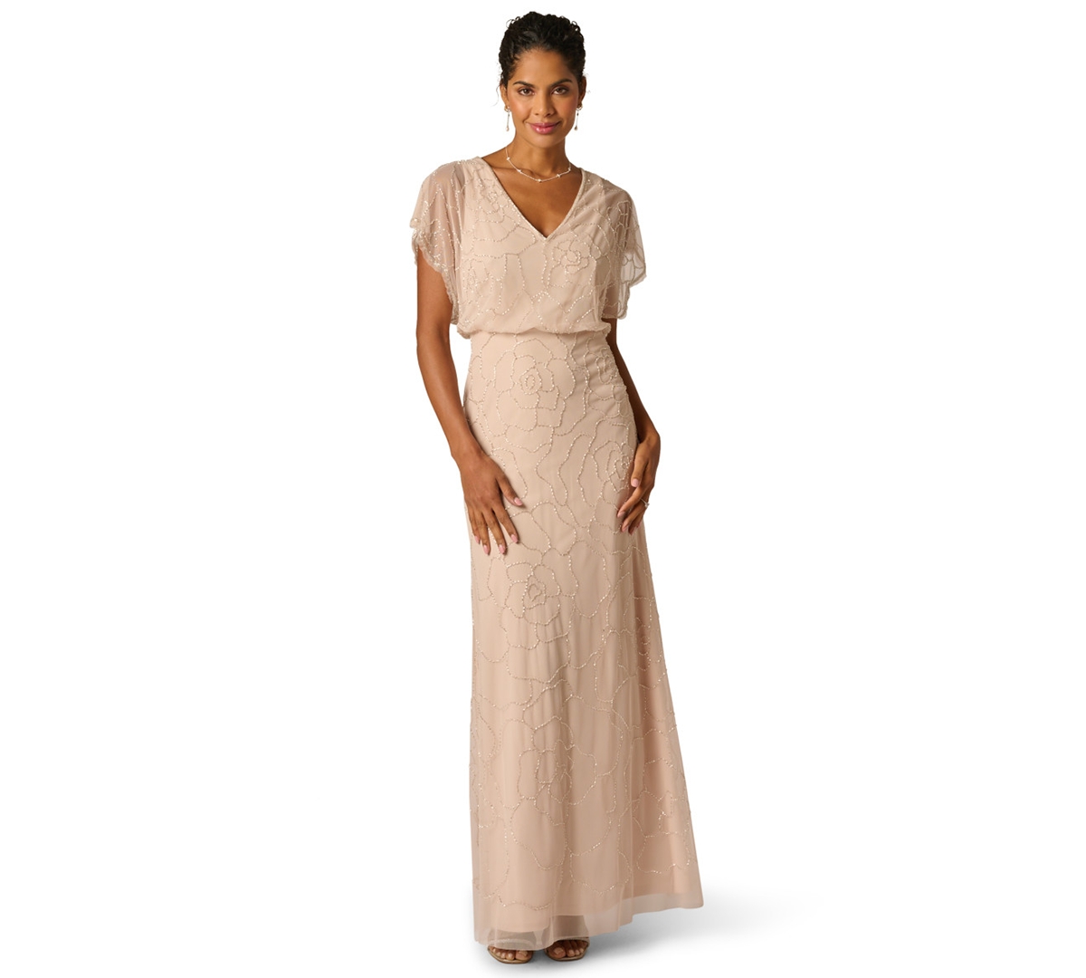 Click here for Adrianna Papell Womens Bead Blouson V-Neck Long Dr... prices