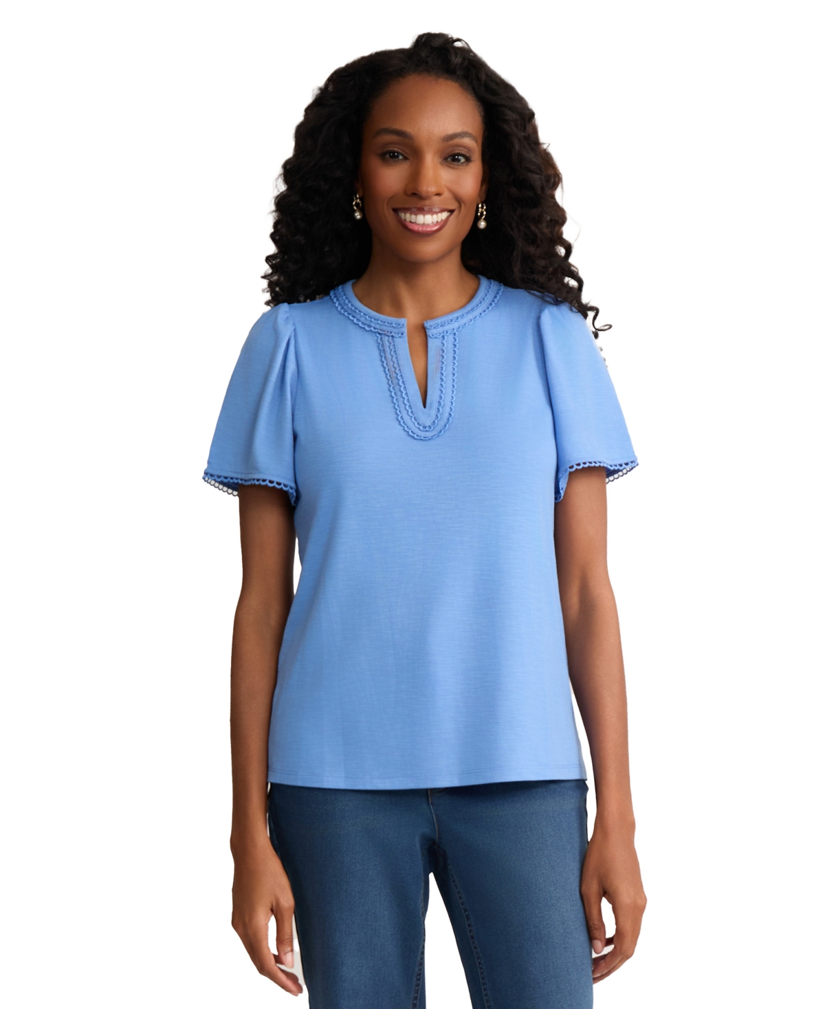 Click here for Jones New York Womens V-Neck Top - Blue Horiz prices