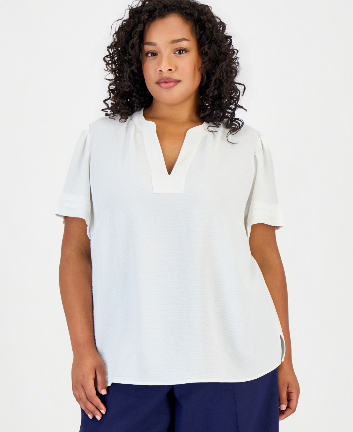 Click here for Jones New York Plus Size Split Neck Pleated-Cuff T... prices