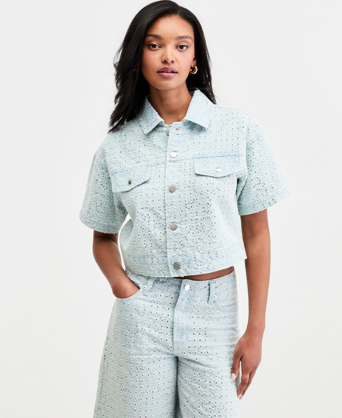 Click here for Bar Iii Womens Sequin Destructed Denim Short-Sleev... prices