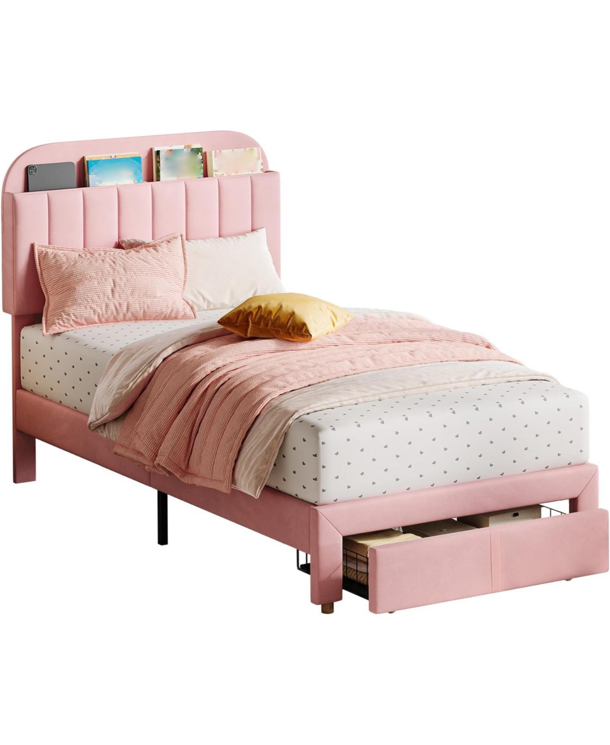 Click here for gaomon Twin Bed Frame Velvet Platform Bookcase Hea... prices