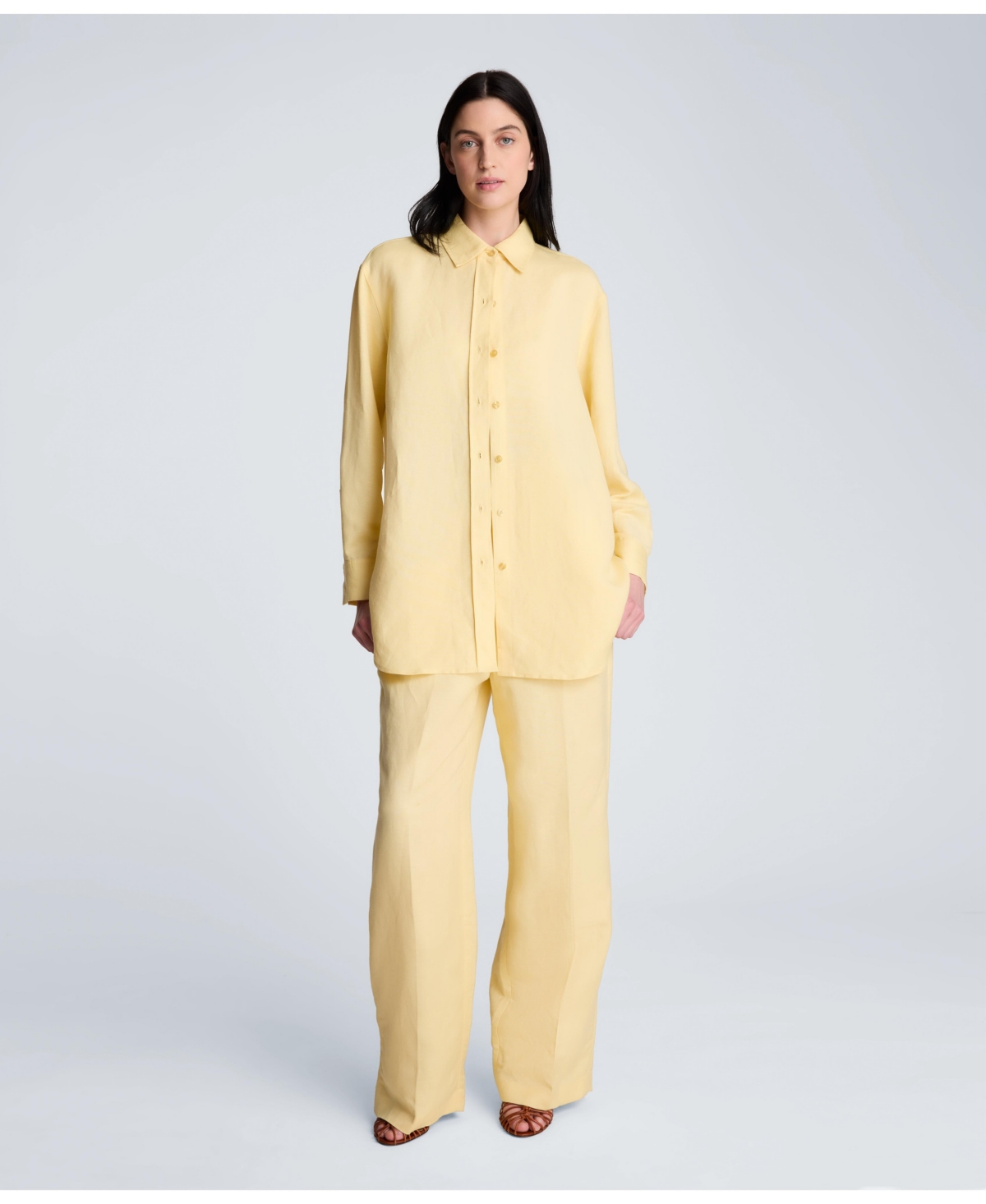 Kenneth Cole Womens Long-Sleeve Button-Front Top - Pastel Yellow