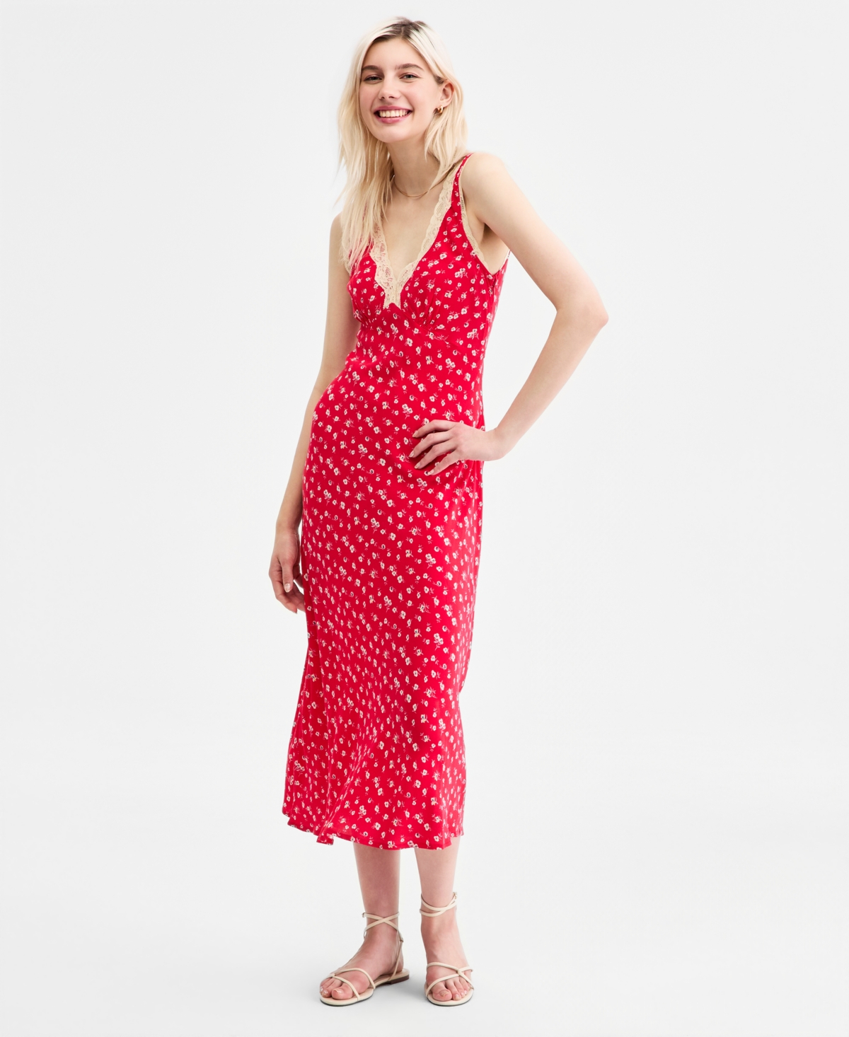 Click here for Lucky Brand Womens Simone Printed Lace-Trim Midi D... prices