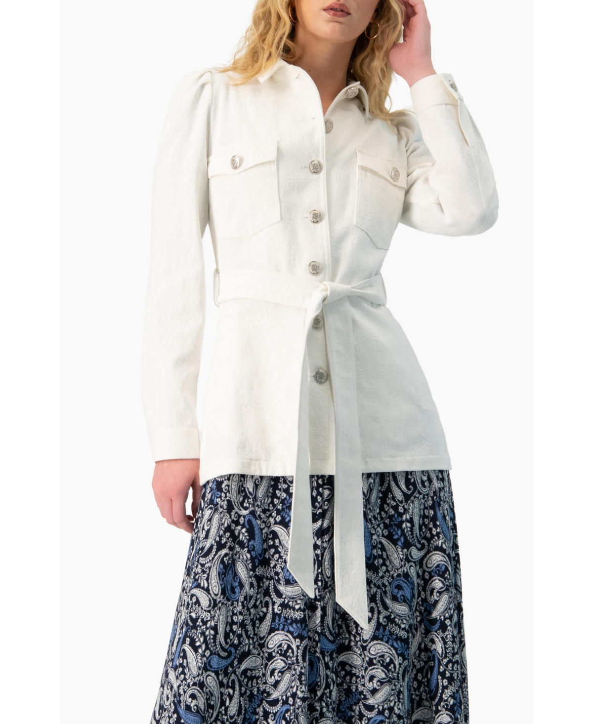 Click here for Ivonne Womens Long Biker Jacket with Belt - White prices