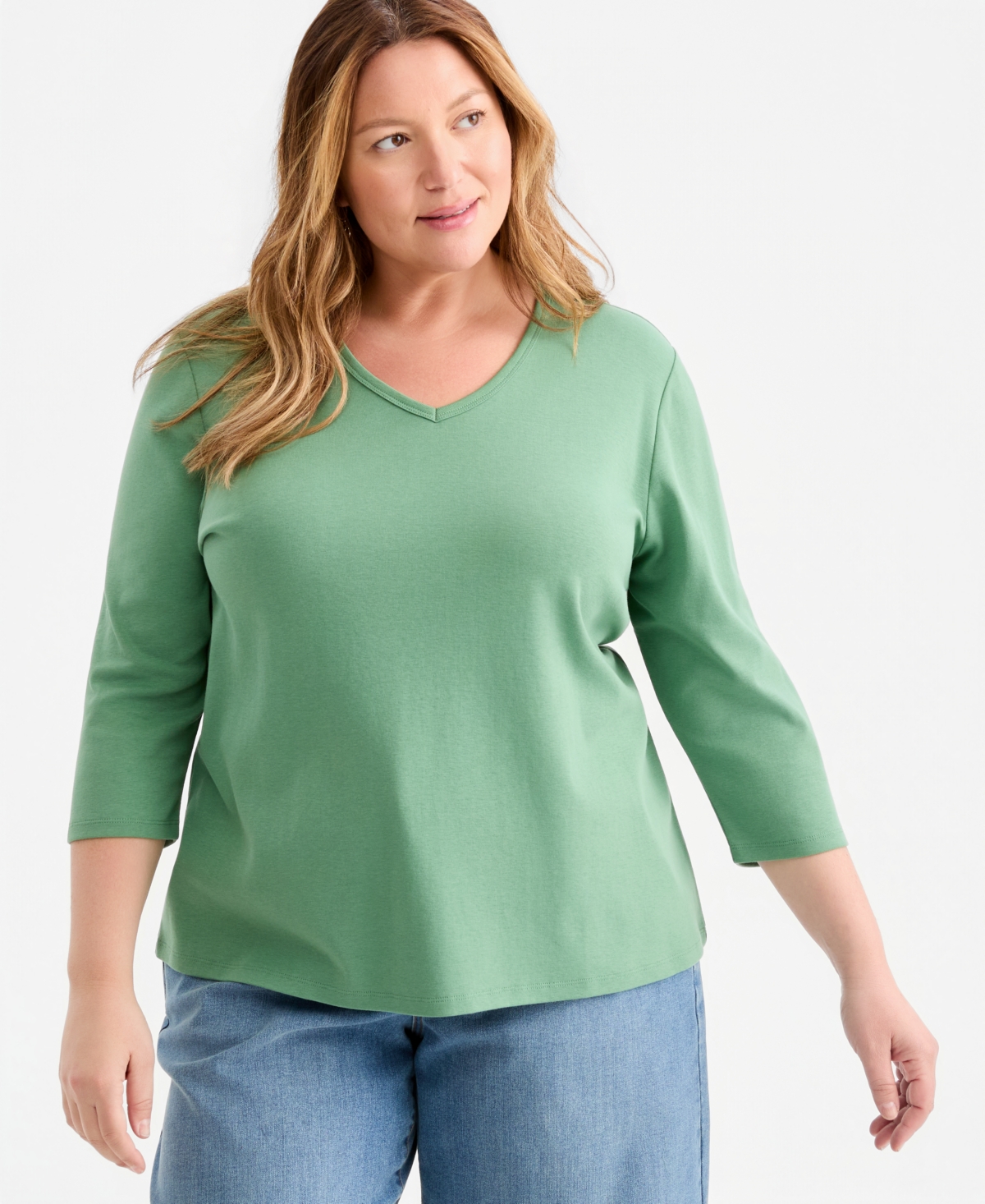 Click here for Style & Co Plus Size Cotton V-Neck 3/4-Sleeve Top... prices