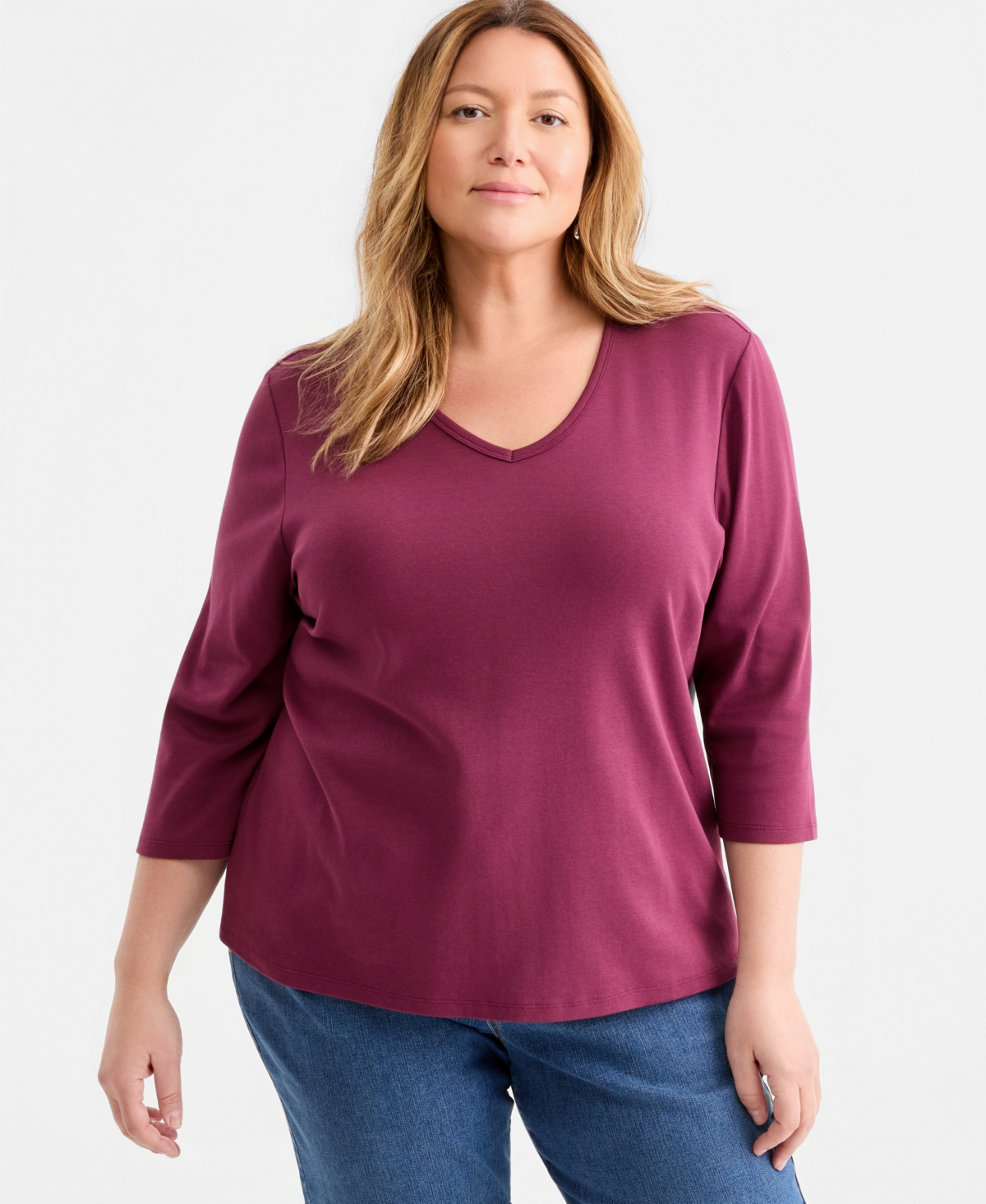Click here for Style & Co Plus Size Cotton V-Neck 3/4-Sleeve Top... prices