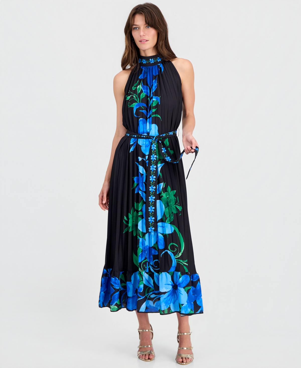 Click here for T Tahari Womens Printed High-Neck Pleated Maxi Dre... prices