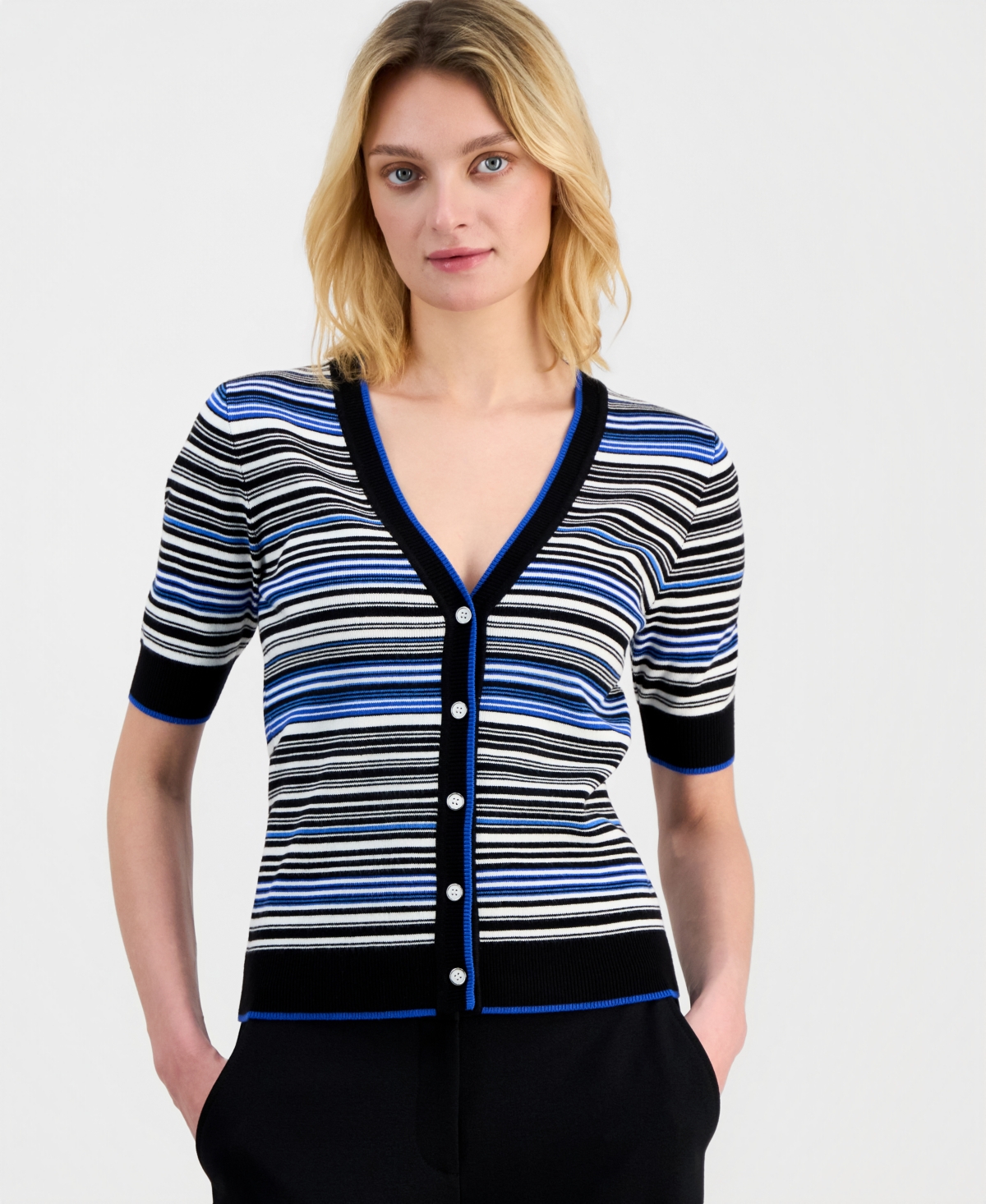 Click here for T Tahari Womens Elbow-Sleeve V-Neck Striped Cardig... prices