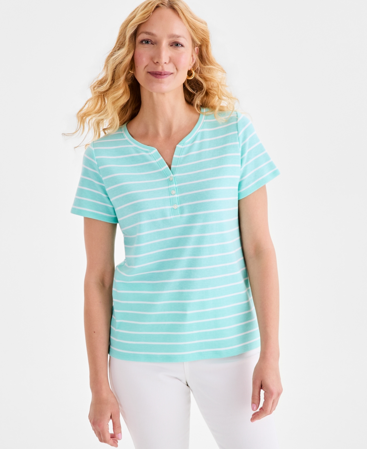 Click here for Style & Co Petite Henley Neck Clover Stripe Top  M... prices