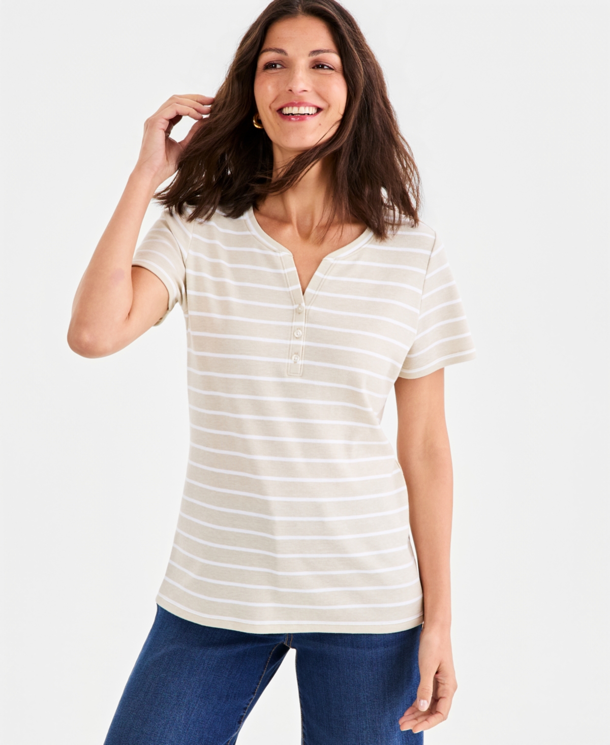 Click here for Style & Co Petite Henley Neck Clover Stripe Top  M... prices