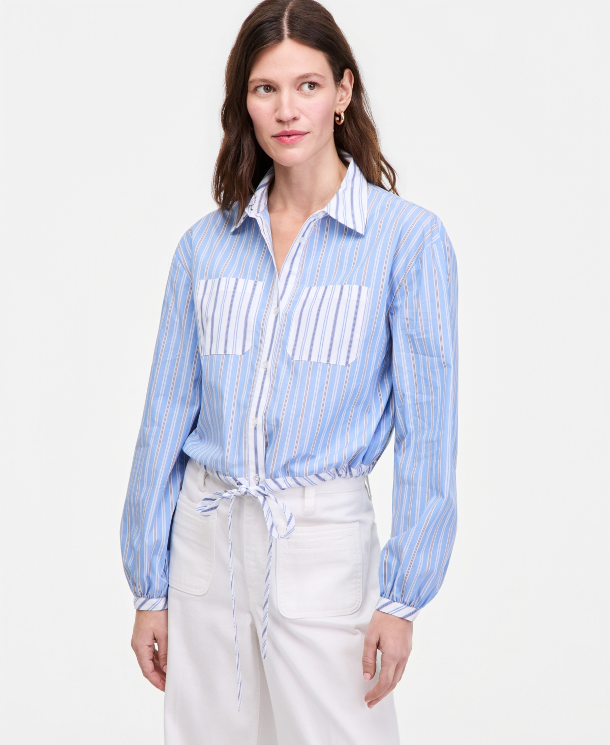 Click here for On 34th Womens Stripe Tie-Hem Long Sleeve Cropped... prices