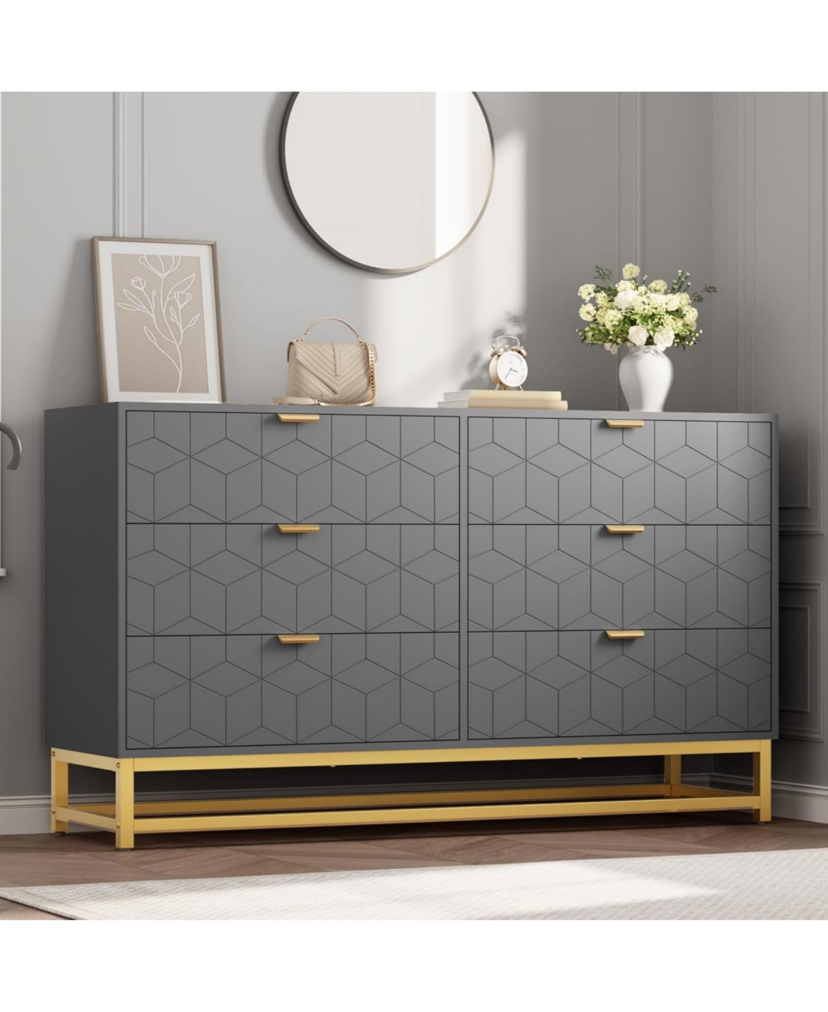 Click here for gaomon 53.5 Inch Wide 6 Drawer Dresser Gold Accent... prices