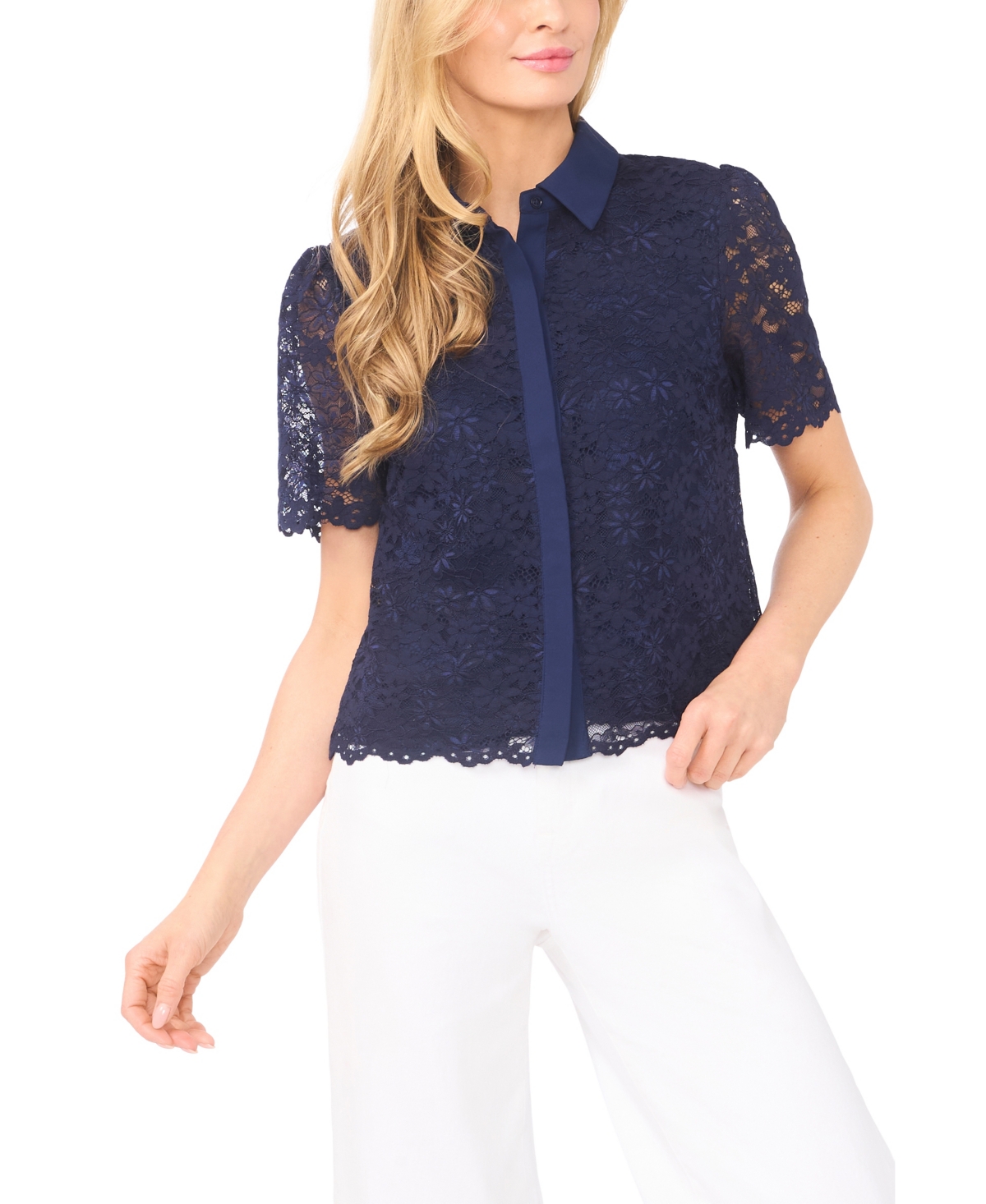 Click here for CeCe Womens Lace Short-Sleeve Shirt - Classic Navy prices