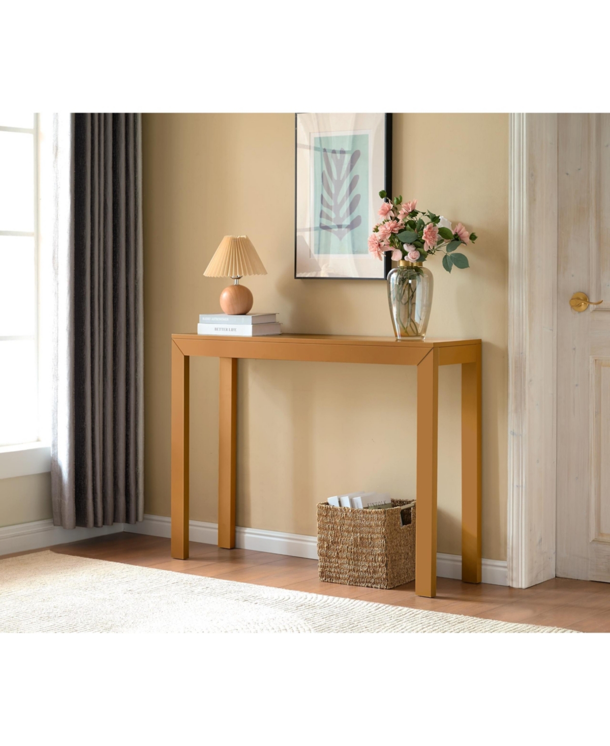 Kings Brand Furniture Russel Long Console Table - Minimalist and Slim Entryway Table for Decorative Displays  Sofa Table - Honey mustard