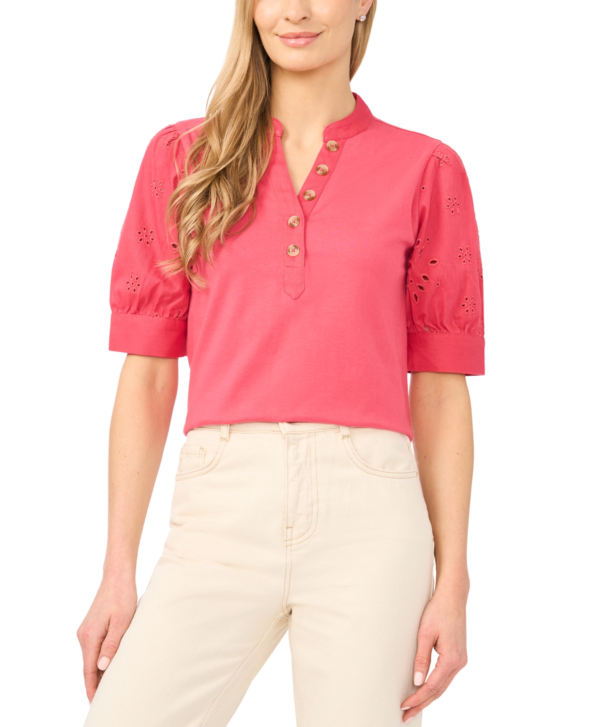 Click here for CeCe Womens Henley Puff-Sleeve Cotton Top - Claret... prices