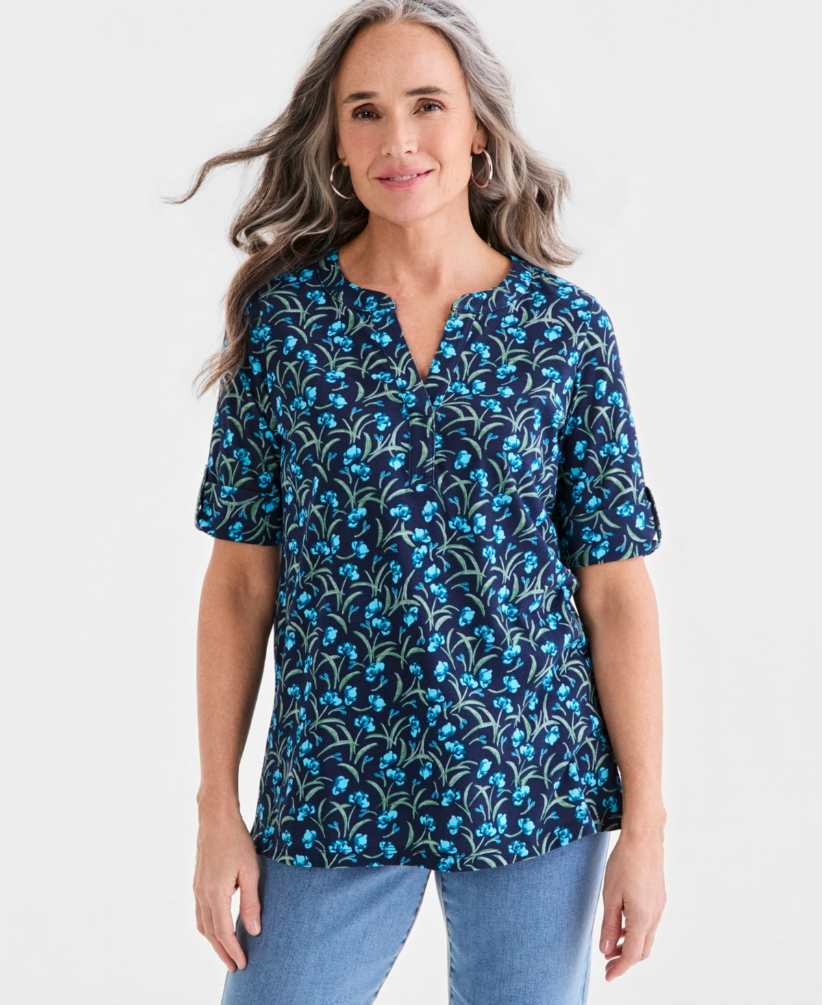 Click here for Style & Co Womens Printed Split-Neck Elbow Sleeve... prices