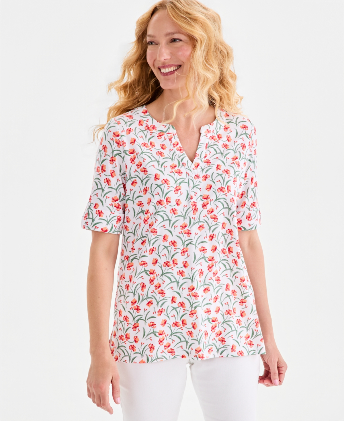 Click here for Style & Co Womens Printed Split-Neck Elbow Sleeve... prices