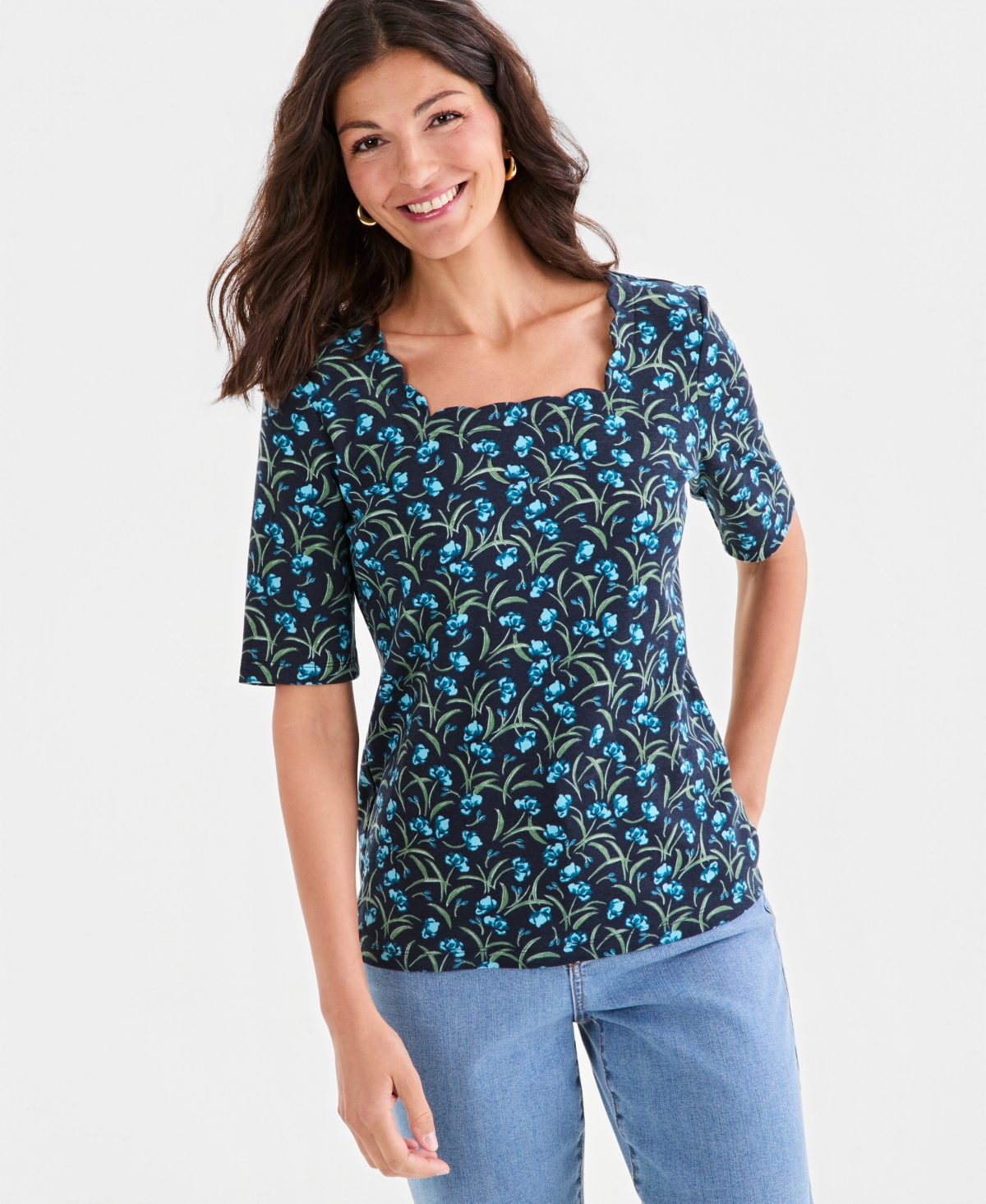 Click here for Style & co Womens Printed Scalloped Square-Neck To... prices