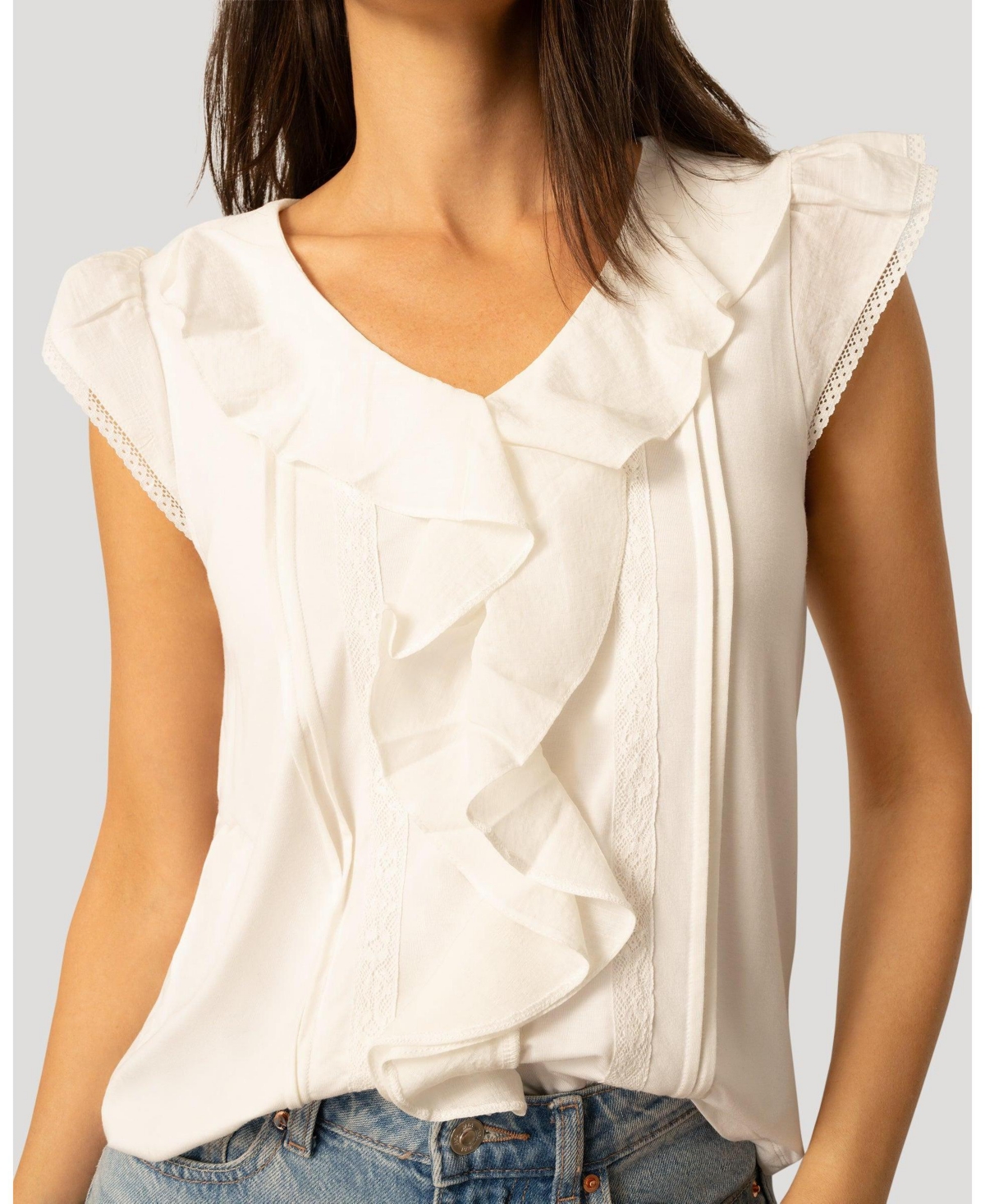 Click here for Cable & Gauge Womens Voile Mix Ruffle Trim Top - S... prices