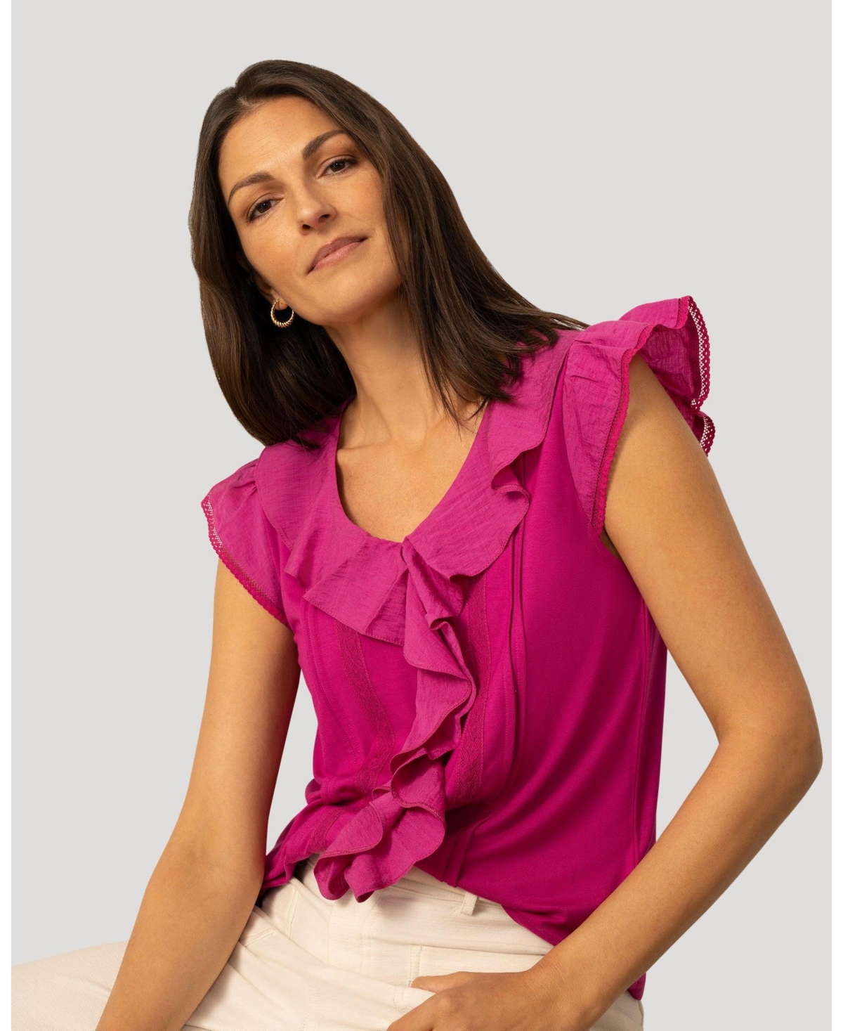 Click here for Cable & Gauge Womens Voile Mix Ruffle Trim Top - F... prices