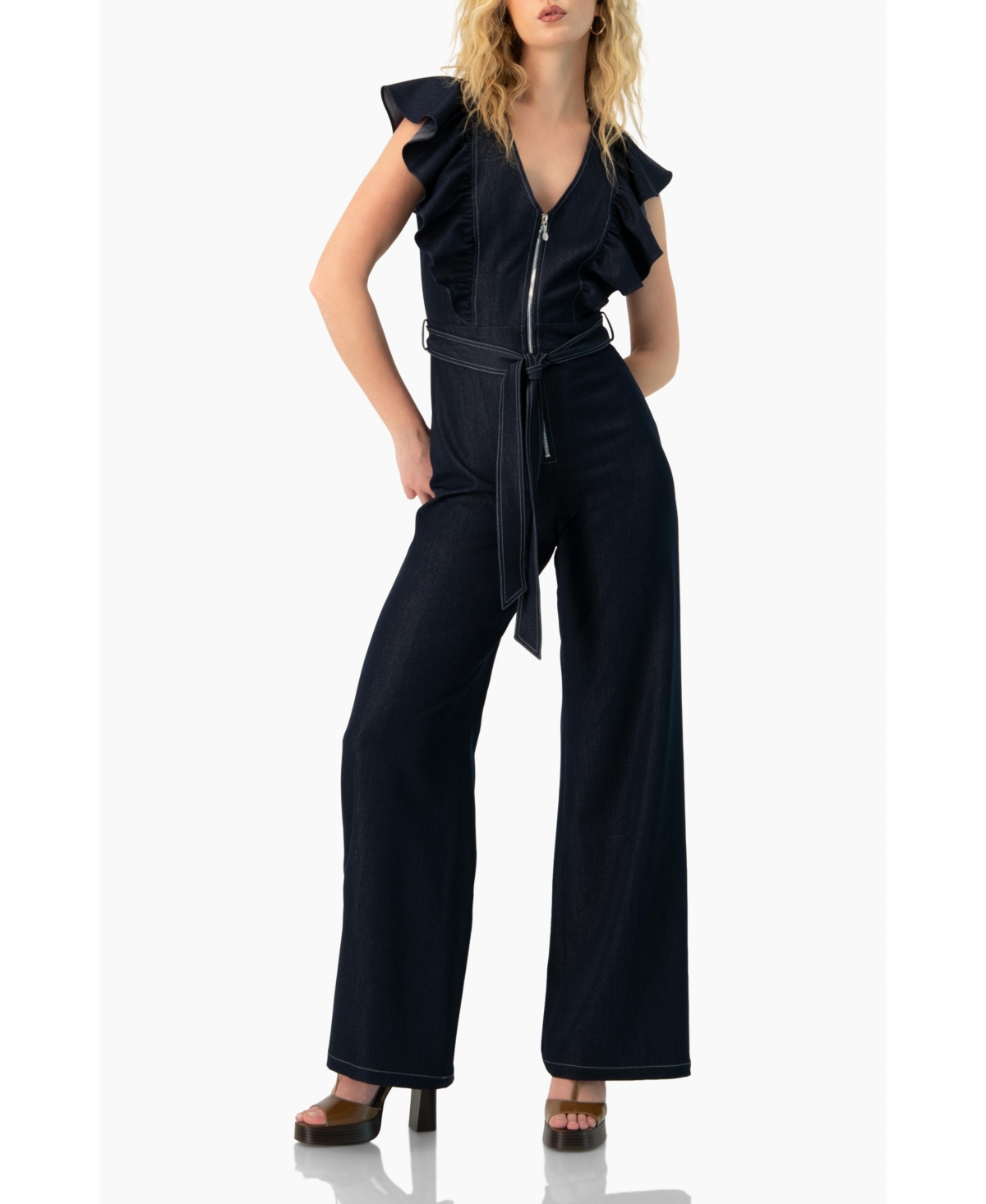 Click here for Ivonne Womens V-Neck Denim Like Wide-Leg Jumpsuit... prices