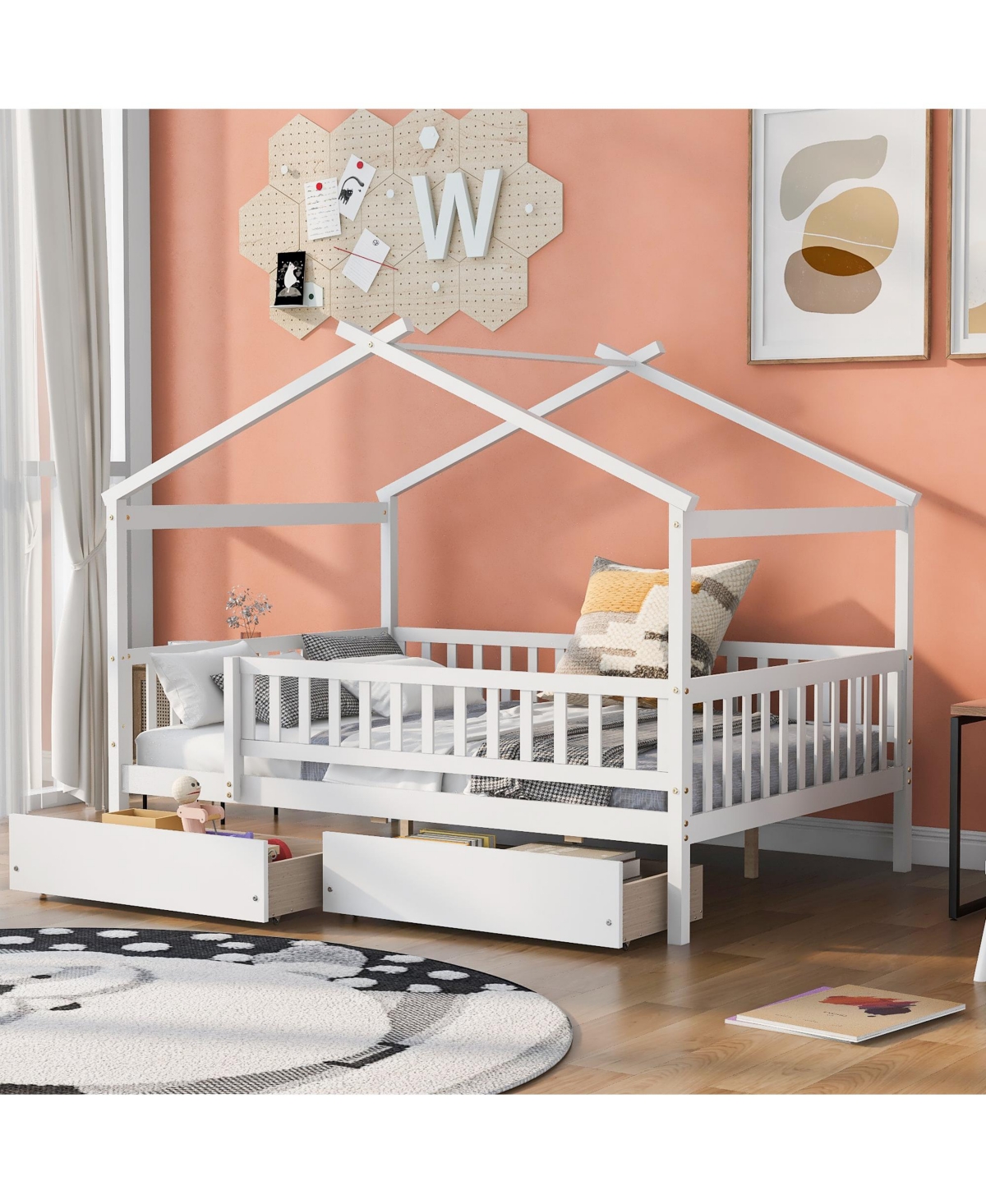 Click here for flynama Full Size Wooden House Bed Two Drawers prices