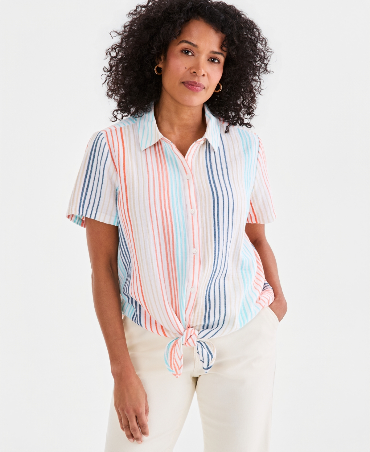 Click here for Style & Co Womens Striped Cotton Gauze Tie-Front T... prices