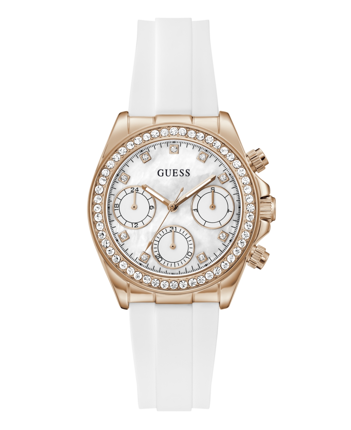 Click here for Guess Womens Rose Gold-Tone White Silicone Multi-F... prices