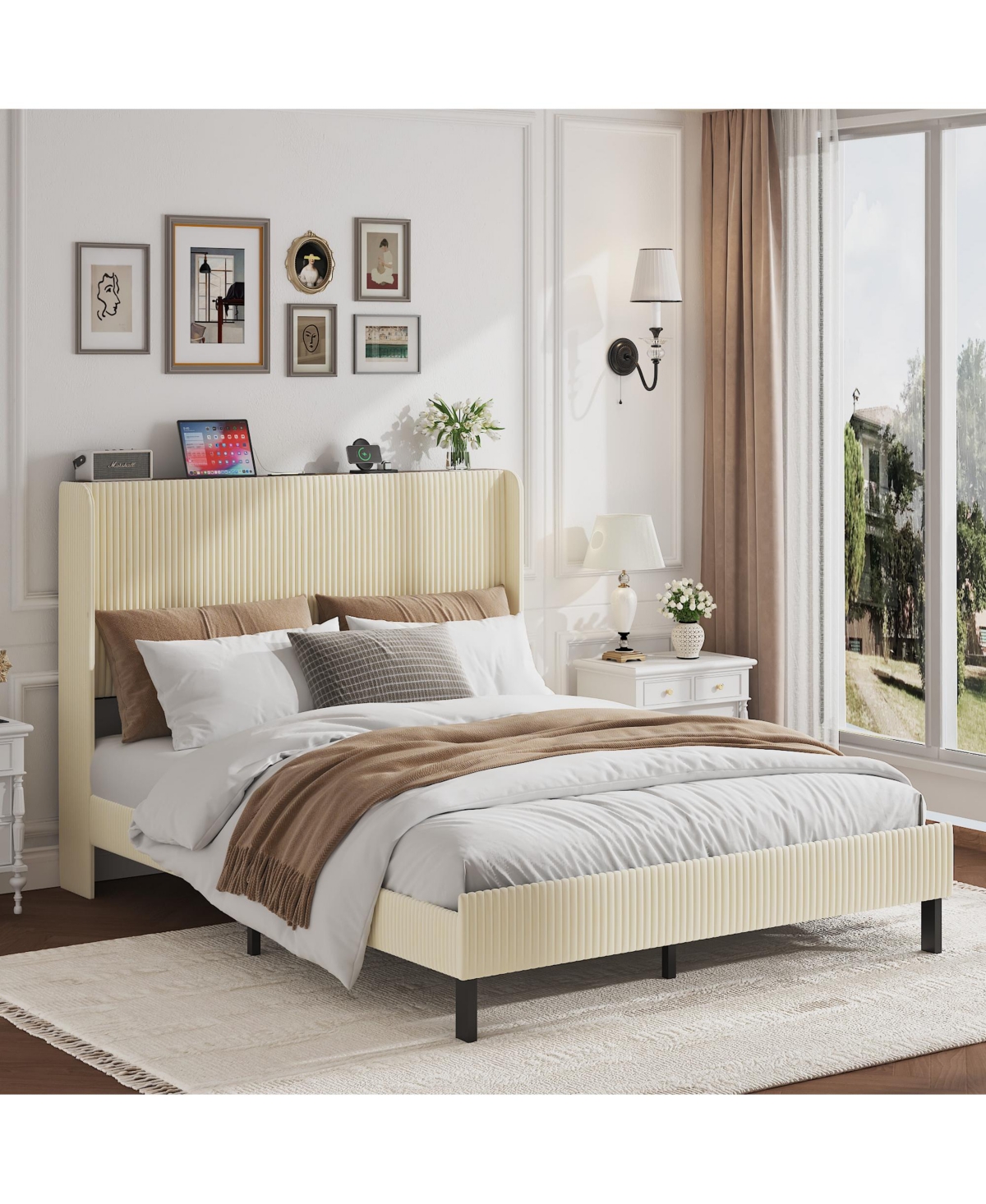 Click here for flynama Metal Platform Bed Beige Charging Station... prices