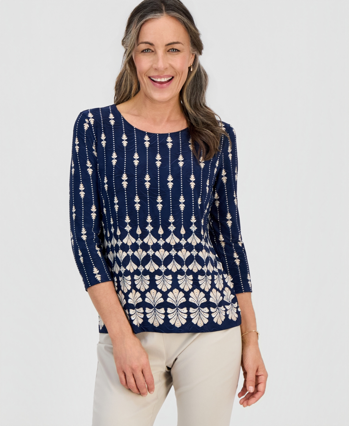 Click here for Jm Collection Petite Sienna Border 3/4-Sleeve Top... prices