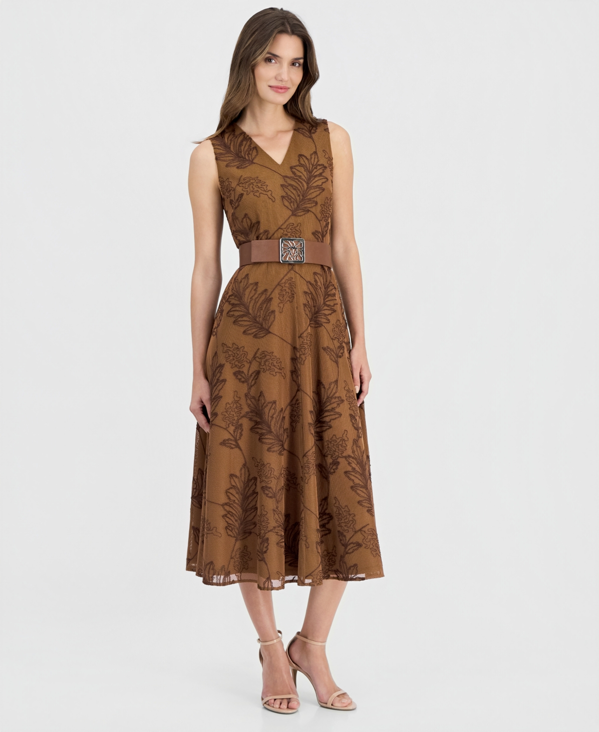 Click here for Anne Klein Womens V-Neck Embroidered Belted Midi D... prices