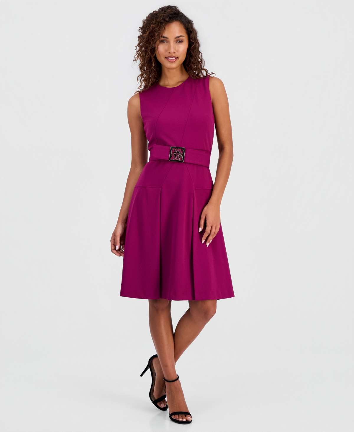 Click here for Anne Klein Womens Belted Sleeveless Fit & Flare Dr... prices