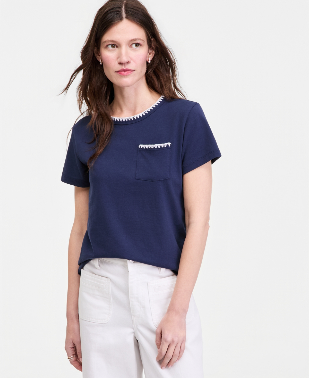 Click here for On 34th Womens Blanket-Stitch Pocket T-Shirt  Macy... prices