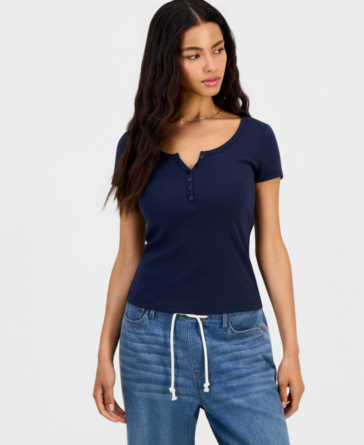 Click here for Hippie Rose Juniors Ribbed Henley Top - Navy Blaze... prices