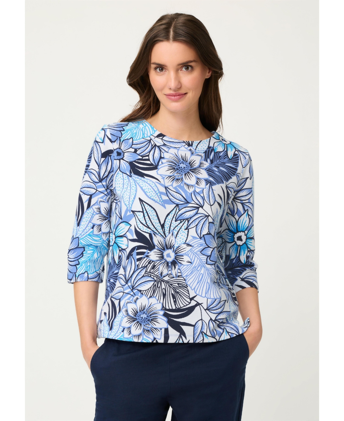 Click here for Olsen Womens Floral Rib Knit Jersey Top - Bay blue prices