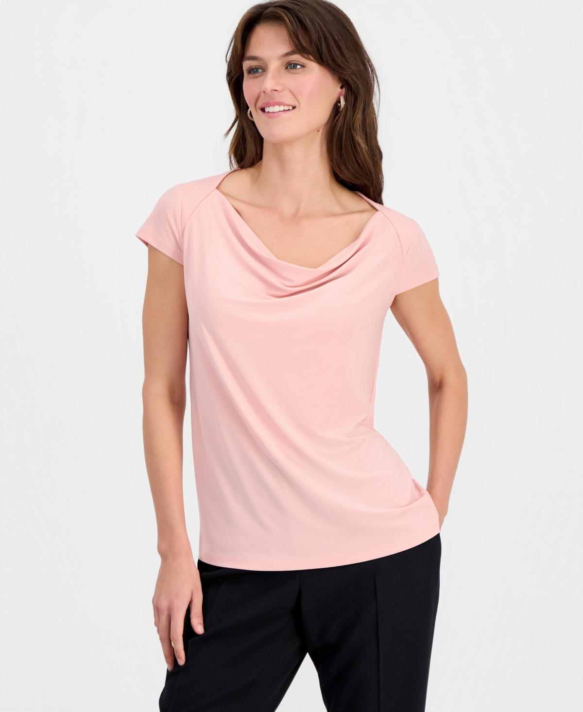 Click here for Kasper Womens Cowlneck Cap-Sleeve Top - Light Rose prices