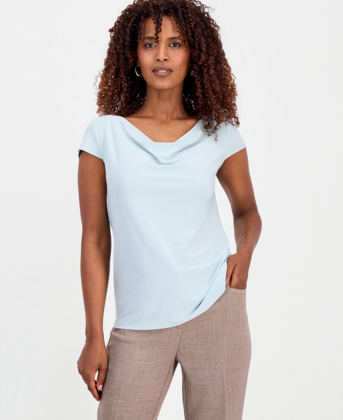Click here for Kasper Womens Cowlneck Cap-Sleeve Top - Sea Glass prices