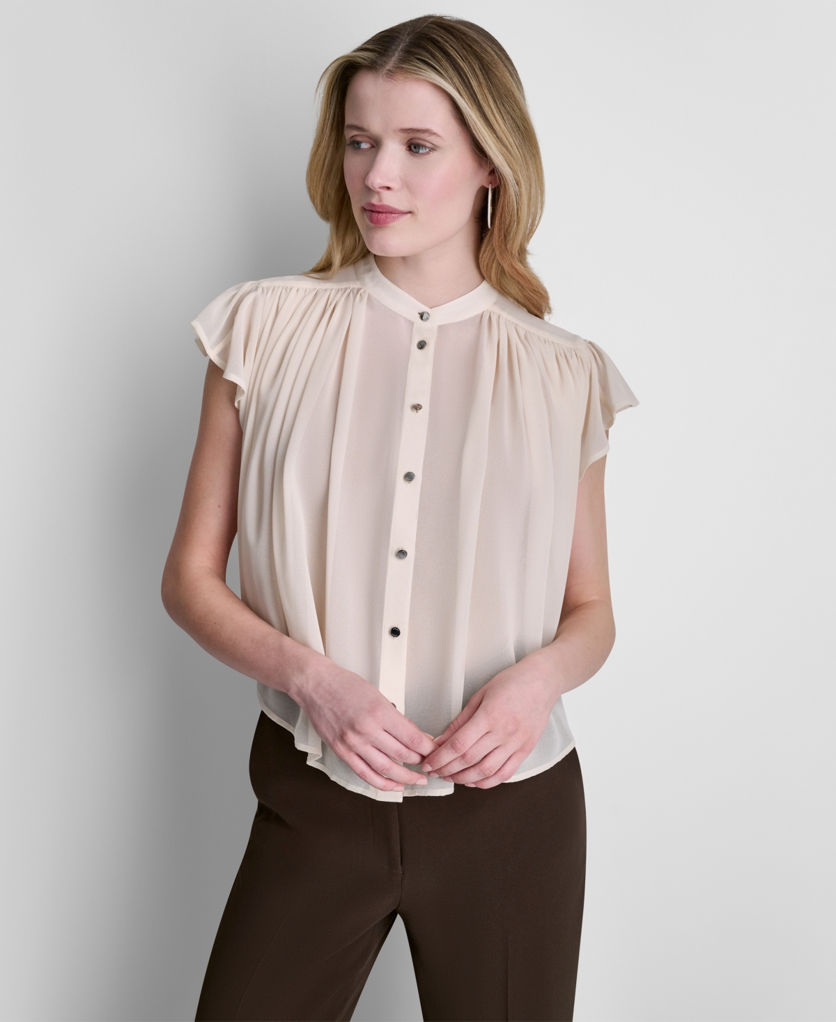 Click here for Dkny Petite Woven Chiffon Crewneck Blouse - Coconu... prices